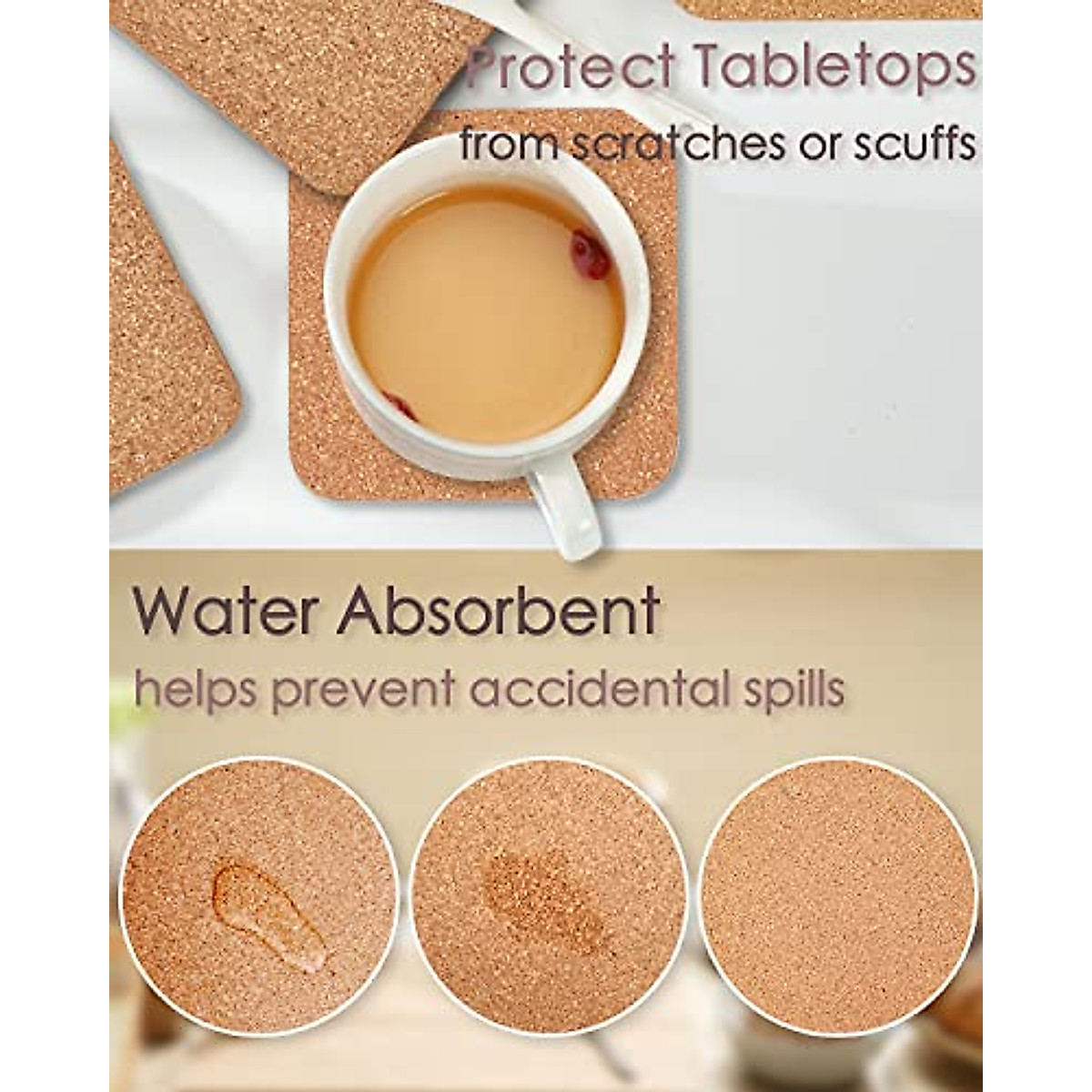 Cork Coasters for Drinks, 8 Pcs Square Extra Thick Absorbent Cork Coaster Sets, Round Edge Drink Coaster, Cup Coasters for Kinds of Cups, Housewarming Gifts, Home Decor, 4 x 4 Inches