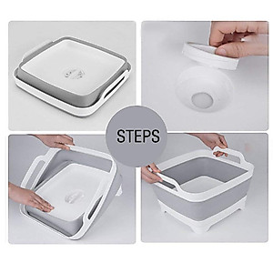 AAKitchen Collapsible Dish Pans Portable Washing Basin Dish Pan with Handle Foldable Strainer Wash and Drain Dish Tub Drainer over Sink Colander Draining Basket for RV Car (White/Grey)