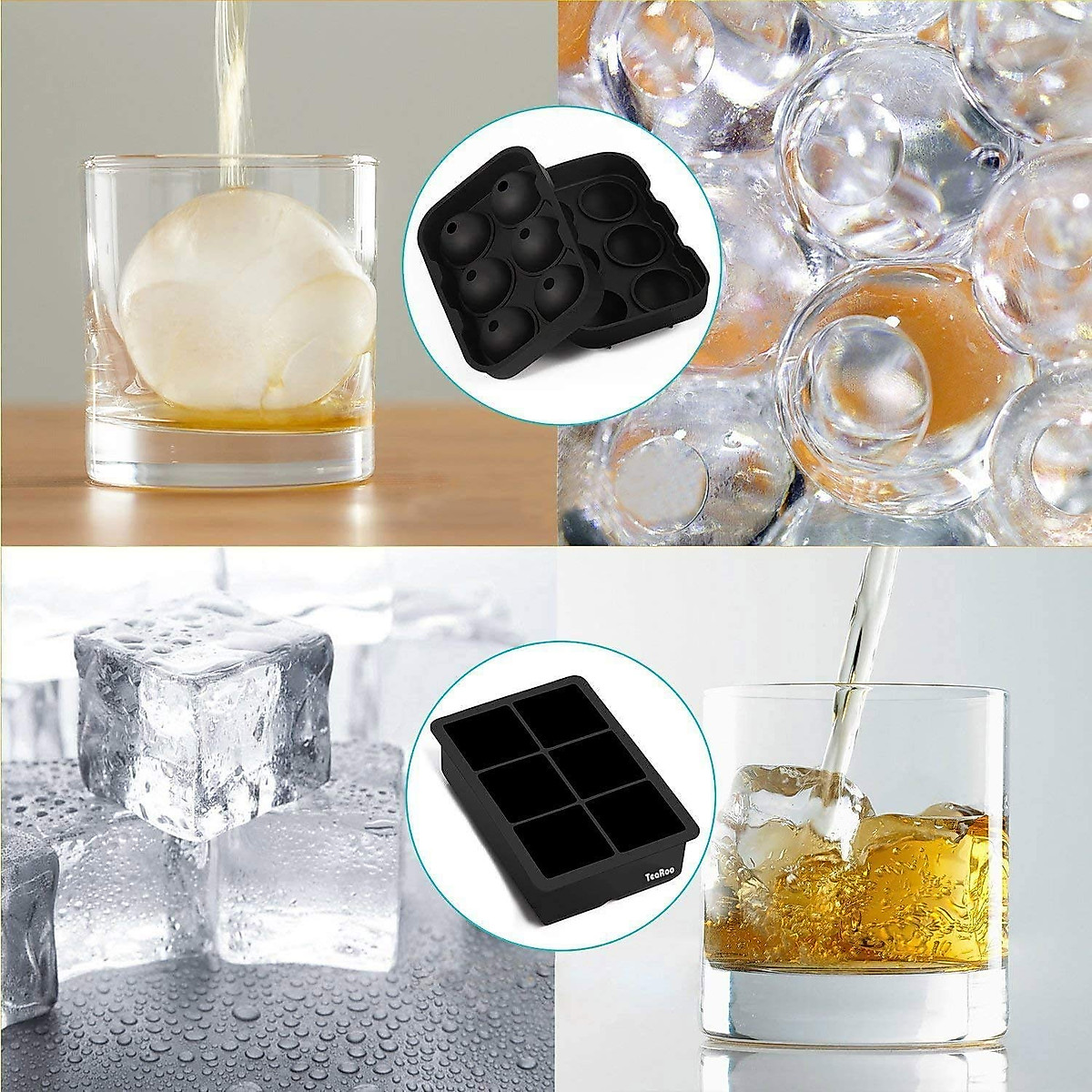 Ice Cube Trays Silicone Combo Mold - Set of 2, Sphere Ice Ball Maker with Lid & Large Square Molds, Reusable and BPA Free