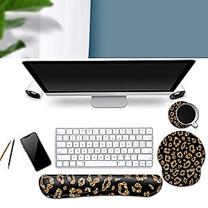 Ergonomic Mouse Pad Gel Wrist Support and Memory Foam Keyboard Wrist Rest Set, for Gaming Computer Office Laptop Easy Typing Wireless Mouse Mat, Gold Glitter Leopard Black Office Desk Pad
