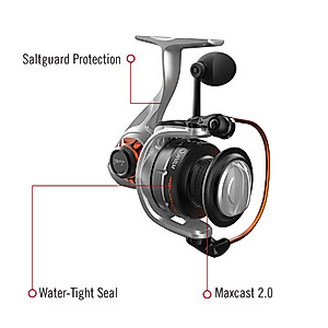 Quantum Reliance Spinning Fishing Reel, Size 30 Reel, Changeable Right- or Left-Hand Retrieve, Anti-Corrosive Bearings, Water-Tight Seal, Saltguard Protection, Silver/Black