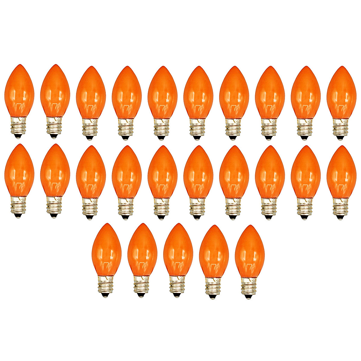 Creative Hobbies® Box of 25 Light Bulbs, Ceramic Opaque Orange, Steady Burning, 7 Watt Incandescent, C7 Candelabra Base - Great for Christmas Strings and Halloween