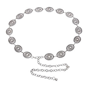 Tatibana Women Boho Chain Belts, Western Cowgirl Waist Links Belt Adjustable Metal Concho Metal Chain Hollow Out Daisy Decorated Skinny Waist Belt For Dresses