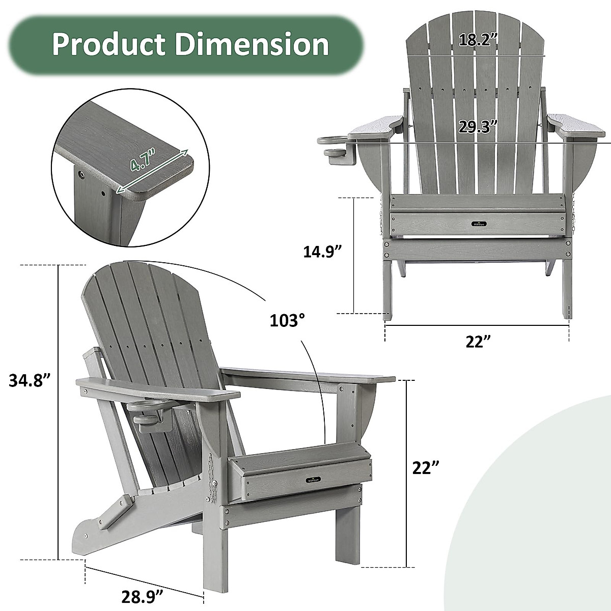Withniture HDPE Folding Adirondack Chair Set of 4,All Weather Resistant Adirondack Chair with Cup Holder, Patio Chair Wood Texture Fire Pit Chairs for Outdoor Patio Lawn Garden, Grey