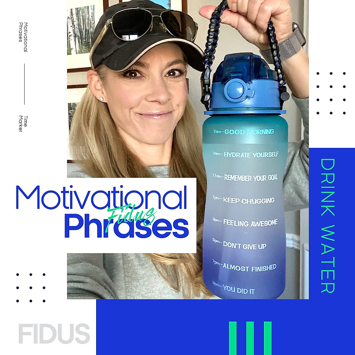 Fidus Large Half Gallon/64OZ Motivational Water Bottle with Paracord Handle & Removable Straw - BPA Free Leakproof Water Jug with Time Marker to Ensure You Drink Enough Water Daily