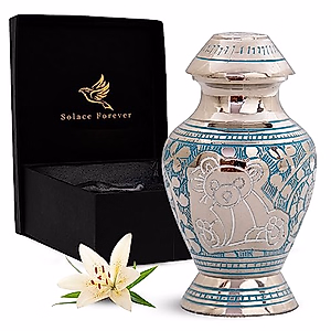 Blue Baby Keepsake Urn - Mini Infant Urn for Baby Girl/Boy with Box & Bag - Handcrafted Teddy Bear Urn - Small Cremation Urn for Children Ashes - Tribute to Your Loved Kid with Baby Urn