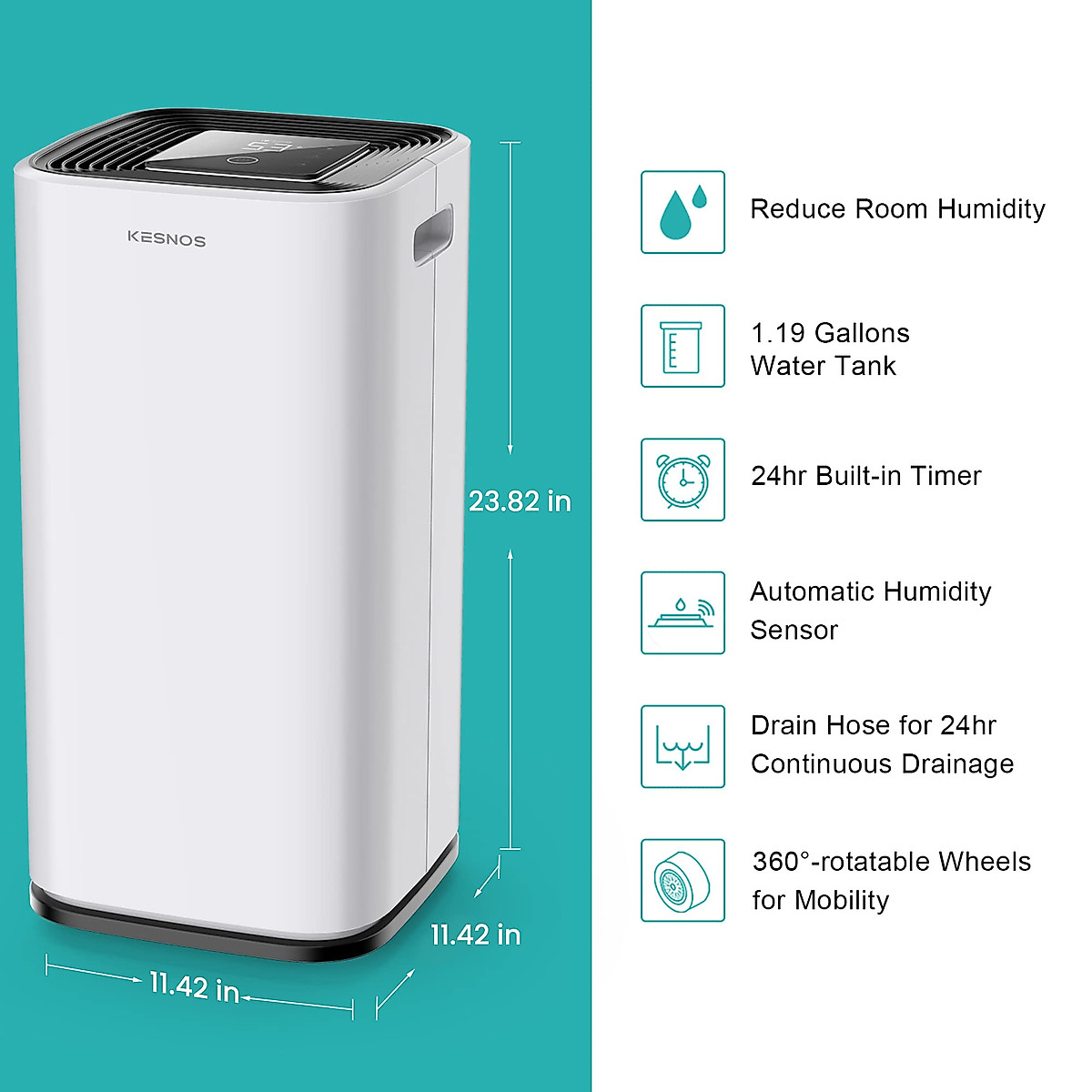 Kesnos 5000 Sq. Ft Large Dehumidifier for Home with Drain Hose and 1.19 Gallons Water Tank - Intelligent Touch Control and Low Noise, 24 Hr Timer Ideal for Basements, Bedrooms, Bathrooms, Laundry Rooms