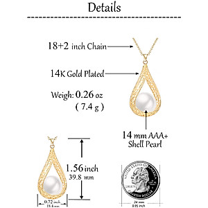 Big Light Pink Pearl Large Pendant Drop Dangle Simple Prom Formal Necklace for Women Trendy Handmade Hypoallergenic Rose Glod Plated Costume Jewelry (Light Pink-Rose Gold)