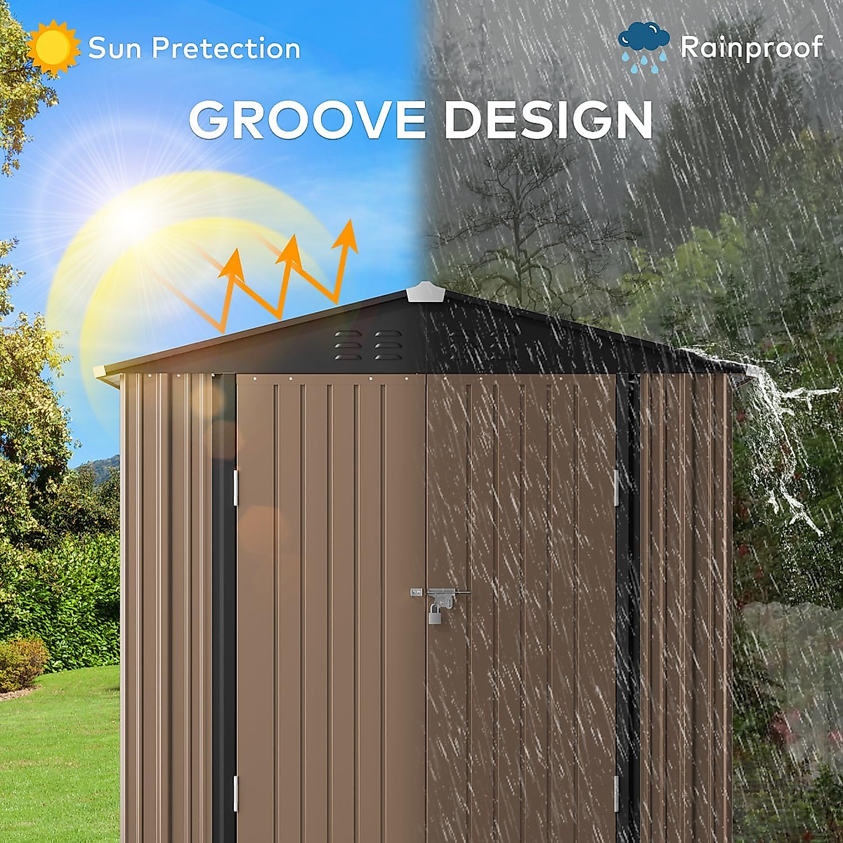 Gizoon Outdoor Storage Shed 6 x 4 FT, Galvanized Metal Garden Shed with Double Lockable Doors, Outdoor Storage Clearance for Backyard Patio Lawn-Light Brown