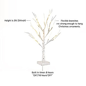 YEAHOME 2 Pack 2FT/24” Birch Tree Light with 18LT Warm White LEDs Battery Powered Timer for Christmas Decorations Indoor, Artificial Tabletop Money Tree for Wedding Party Desk Table Mantel Home Decor