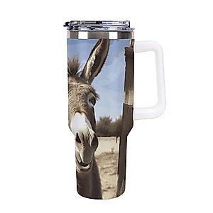 LLUTSNTH 40 Oz Vacuum Tumbler with White Handle Leakproof Insulated Tumbler Funny Donkey Stainless Steel Travel Mug with Lid And Straw Coffee Cup Cute Water Bottles Cup Holder Friendly