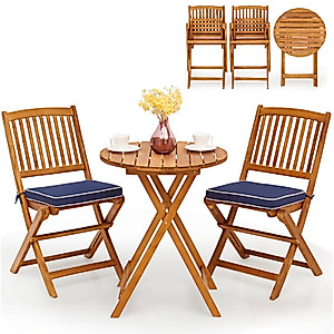 S AFSTAR Outdoor Bistro Table and Chairs Set of 2, Acacia Wood Folding Bistro Table Chairs Set W/Round Coffee Table & Padded Cushion, Small Bistro Table Set for 2 Outdoor Porch Patio Poolside (Navy)