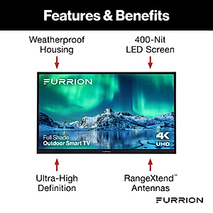 Furrion Aurora 55-Inch Full-Shade 4K LED Outdoor Smart TV - Weatherproof Outdoor Television w/ HDR10, Anti-Glare, 400-Nit LED Screen, Impact-Resistant Screen, External Antenna for Shaded Outdoor Areas