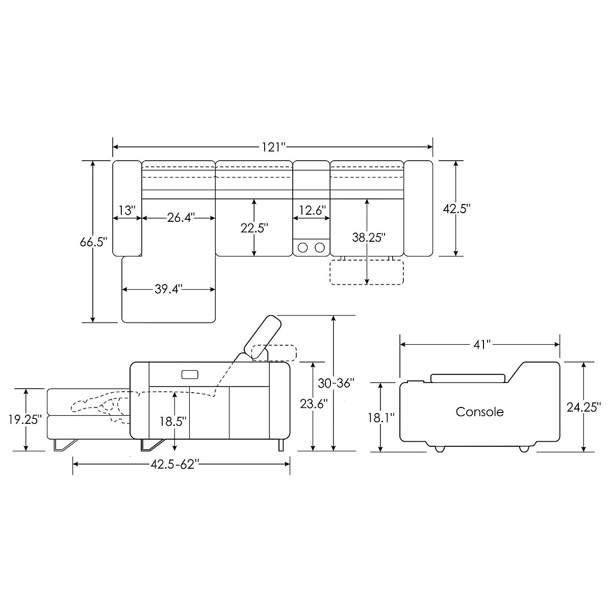 Zuri Furniture Monaco Reclining Leather L-Sectional with Console, White
