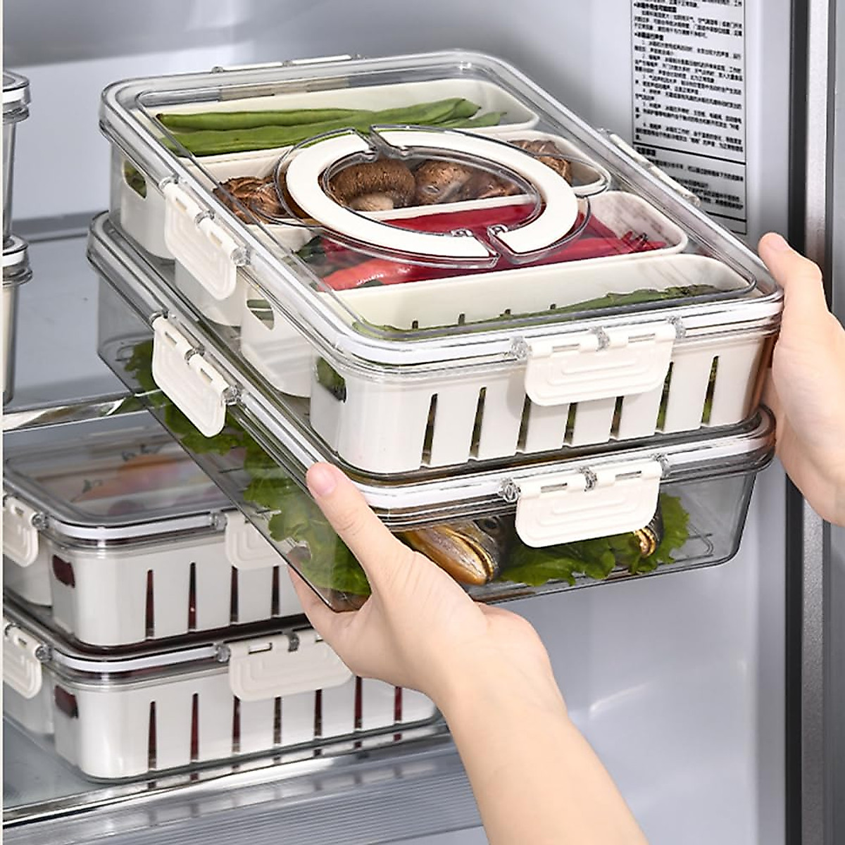 Refrigerator Organizer with Lids, Airtight Fruit Storage Containers for Fridge with Lids and Handle, BPA-Free Food Storage Container with 4 Removable Colander, Refrigerator Organizer Bins (2PCS)