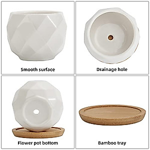 ZOUTOG Succulent Plant Pot 12 Pack, 2.5 inch Square Pattern Ceramic Planters with Bamboo Tray, Small Succulent Pots for Indoor Plants, White Office Desk Decor (Seeds＆ Plants Not Included)