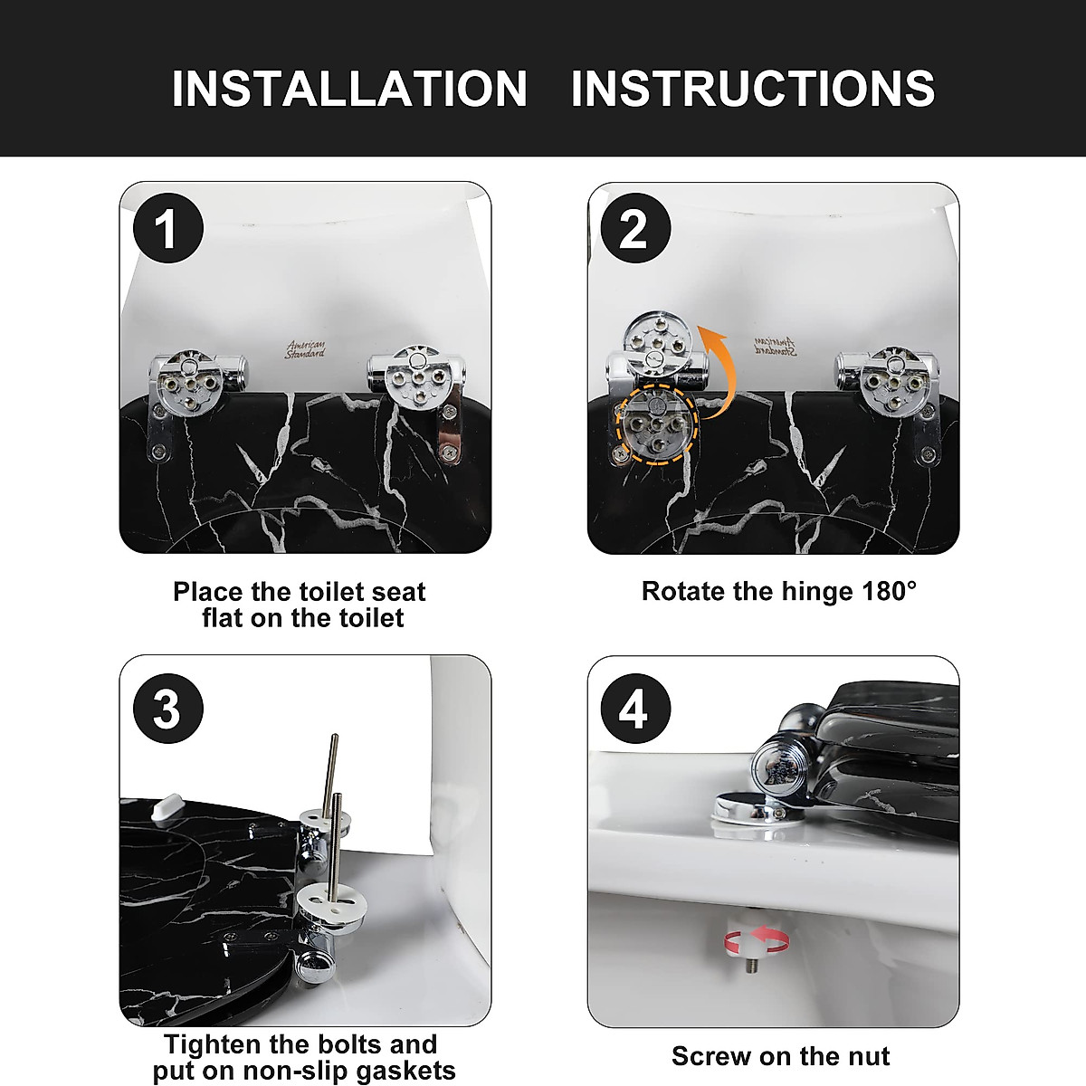 Angel Shield Marble Toilet Seat Durable Molded Wood with Quiet Close,Easy Clean，Quick-Release Hinges (Elongated,Black Marble)