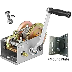 Trailer Winch – Durable Hand Crank – 3500 lbs Hand Winch with Cable + Mounting Plate and 5 Bolts