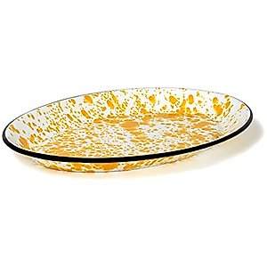 Red Co. Enamelware Metal Classic 13" Serving Oval Tray Platter, Yellow Marble/Black Rim - Splatter Design
