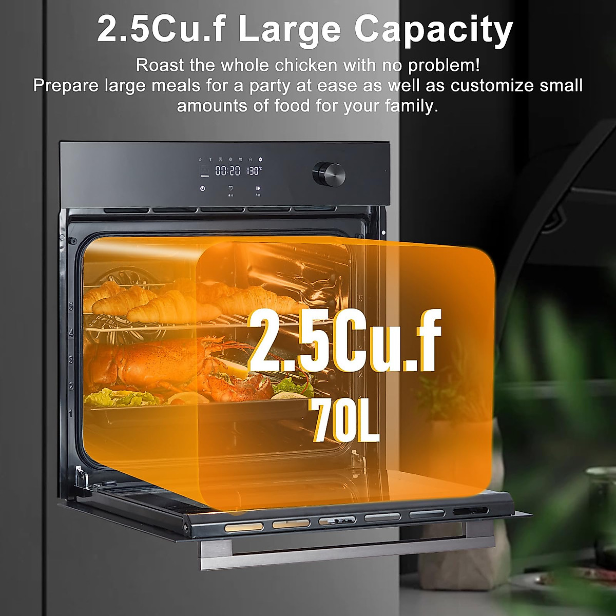 Takywep Single Wall Oven 24", Built-In Electric Ovens With Steam&Grill&Air Frying Mode, 3000W, 240V, 2.5Cu.Ft Convection Built-In Oven, Stainless Steel (Normal Touch Screen)