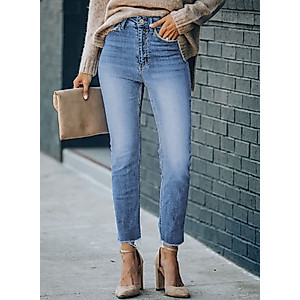 Sidefeel Women's Classic Skinny Frayed Ankle Denim Zimbaplatinum Stretch Straight Jeans Size 14 Blue