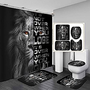 Dia Magico 4PCS Lion Shower Curtain Set, Inspirational Quotes Majestic Lion King African Wildlife Safari Wild Animal Cool Men Bathroom Decor, Waterproof Fabric Black Shower Curtain, Non-Slip Bath Mat