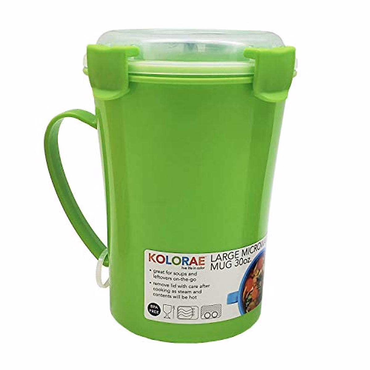 (6 COUNT) KOLORAE LARGE 30 OZ SOUP MUG- COLORFUL, MICROWAVE SOUP MUGS WITH LEAK PROOF DESIGN AND SECURE SNAP VENTED LIDS-1 OF EACH COLOR PICTURED, PLUS AN ADDITIONAL BLUE AND GREEN MUG!