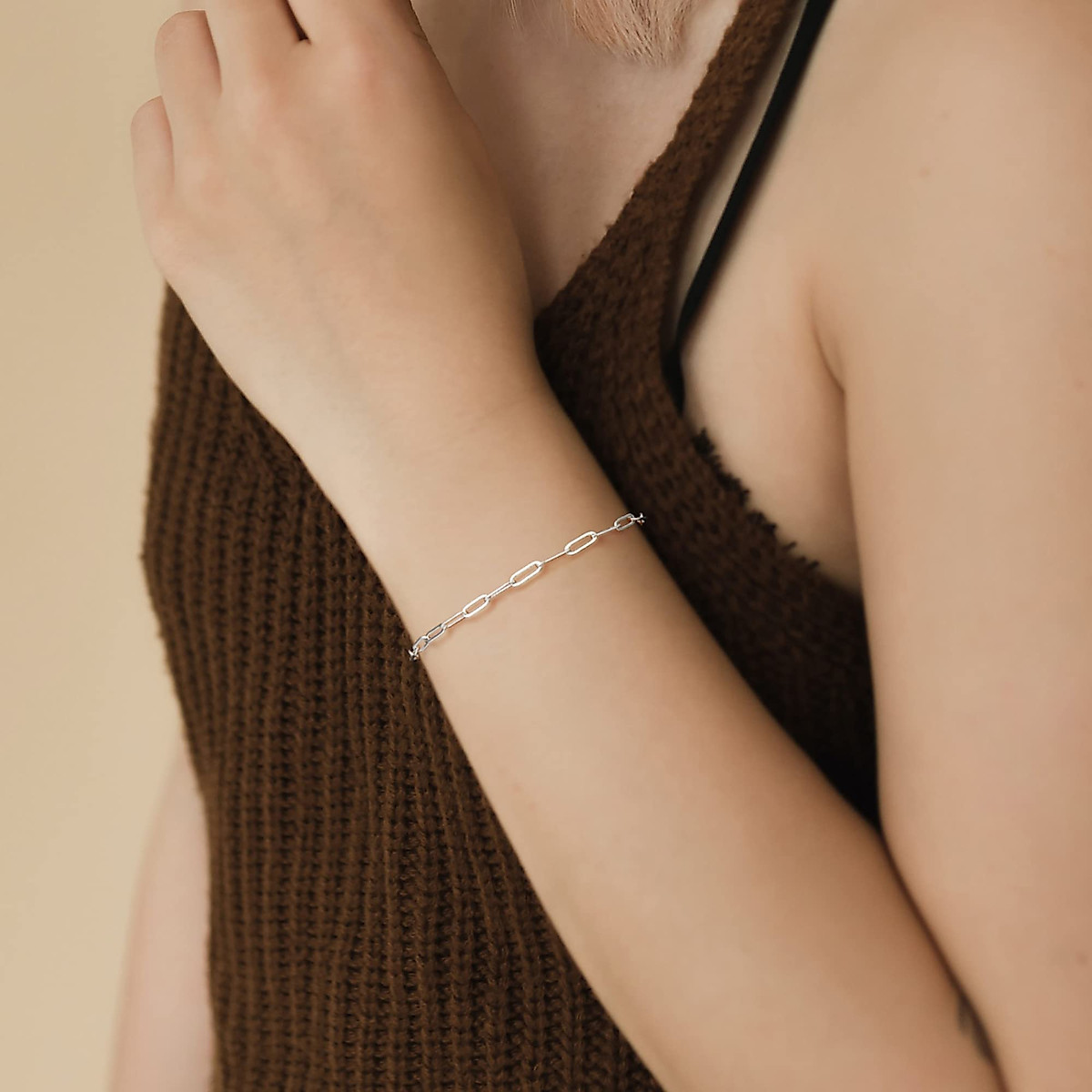 BRIJEWNES Silver Paperclip Chain Bracelet, 925 Sterling Silver, 7.5 Inches, for Women