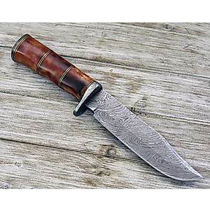 SHOKUNIN USA 7-Inch Full-Tang Damascus Steel Bowie Hunting Knife: Unique Bone Handle with Damascus Guard and Premium Leather Sheath Included