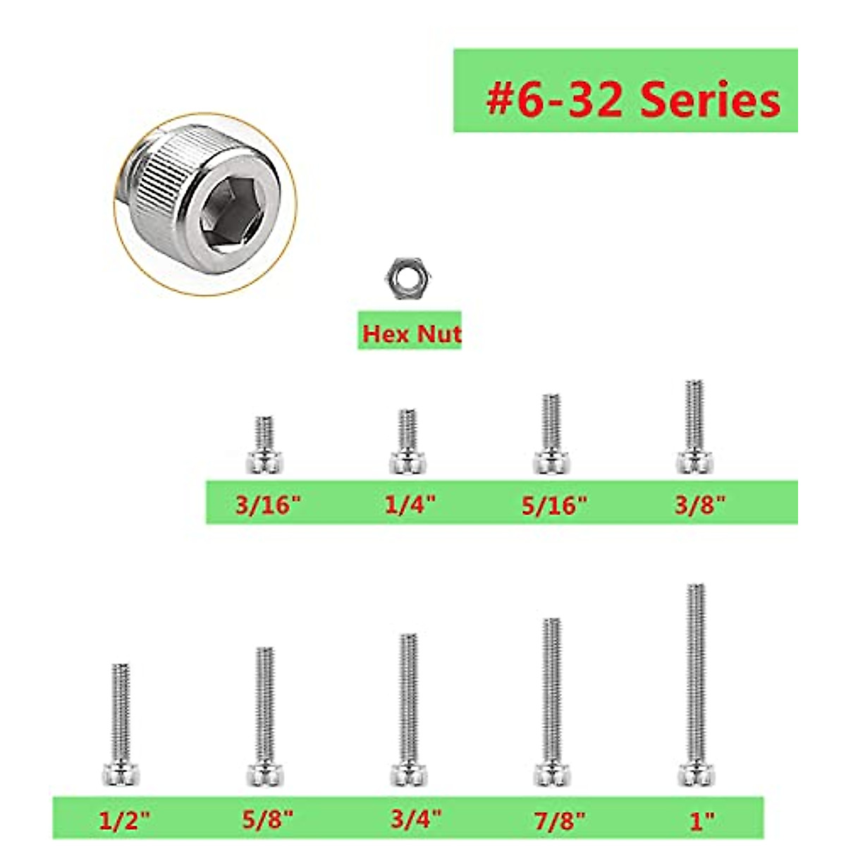 Elantek #6-32 UNC 304-Stainless Steel Hex Socket Head Cap Screws Nuts Assortment Kit
