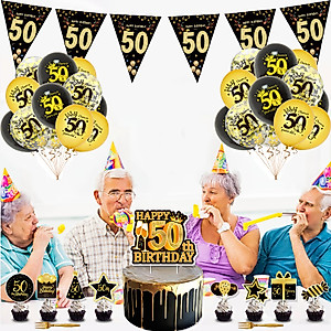 Augweyang 50th Birthday Party Decorations Supplies Tableware Set for Men Women Including 16 Plates 20 Napkins 1 Tablecloth 1 Banner 16 Forks 15 Balloons 16 Cupcake Toppers Serve 16
