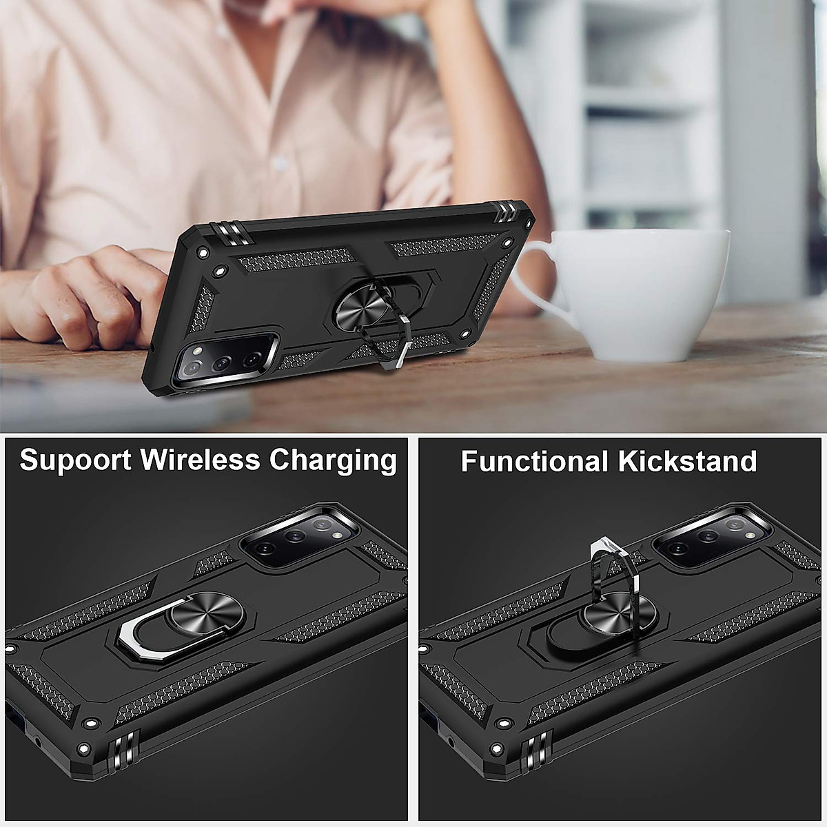 LUMARKE for Galaxy S20 FE Case with Screen Protector,Pass 16ft. Drop Tested Military Grade Cover with Magnetic Ring Kickstand,Protective Phone Case for Samsung Galaxy S20 FE Black