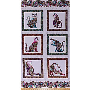 23.5" X 44" Panel Cats Animals Cat Pets Kitty Feline Paisleys Gold Metallic Shimmer Whimsical Cat-i-tude White Cotton Fabric Panel (B-2B-4200M-09)