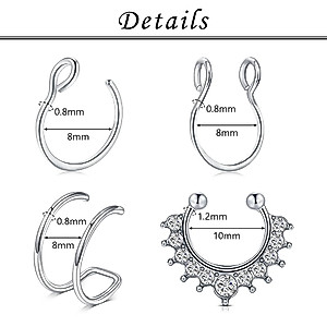 TOKRING Fake Nose Ring Hoop Fake Septum Nose Cuffs/ Studs Clip On Lip Ear Non Pierced Jewelry for Women Men Silver