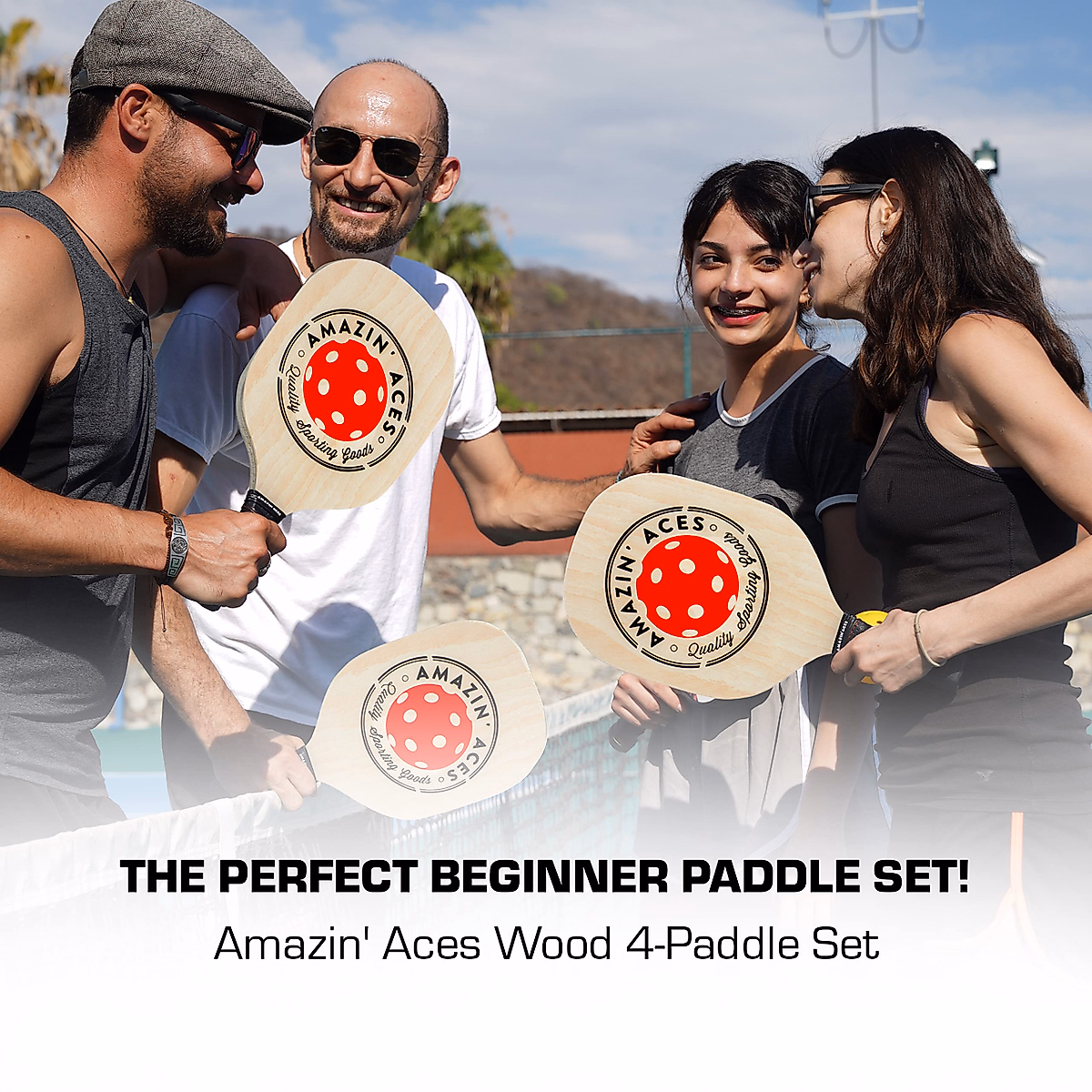Amazin' Aces Pickleball Wood Paddle Set of 2- Pickleball Paddle Set includes Wood Pickleball Paddles, 4 Pickleballs, 1 Mesh Carry Bag, and 1 Quality Box (2 Pack)