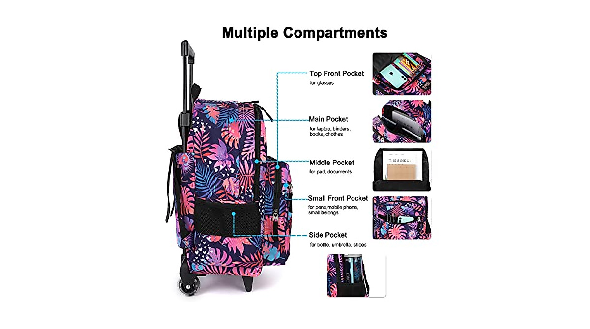 Tilami 18" Kids Rolling Backpack with Lunch Bag