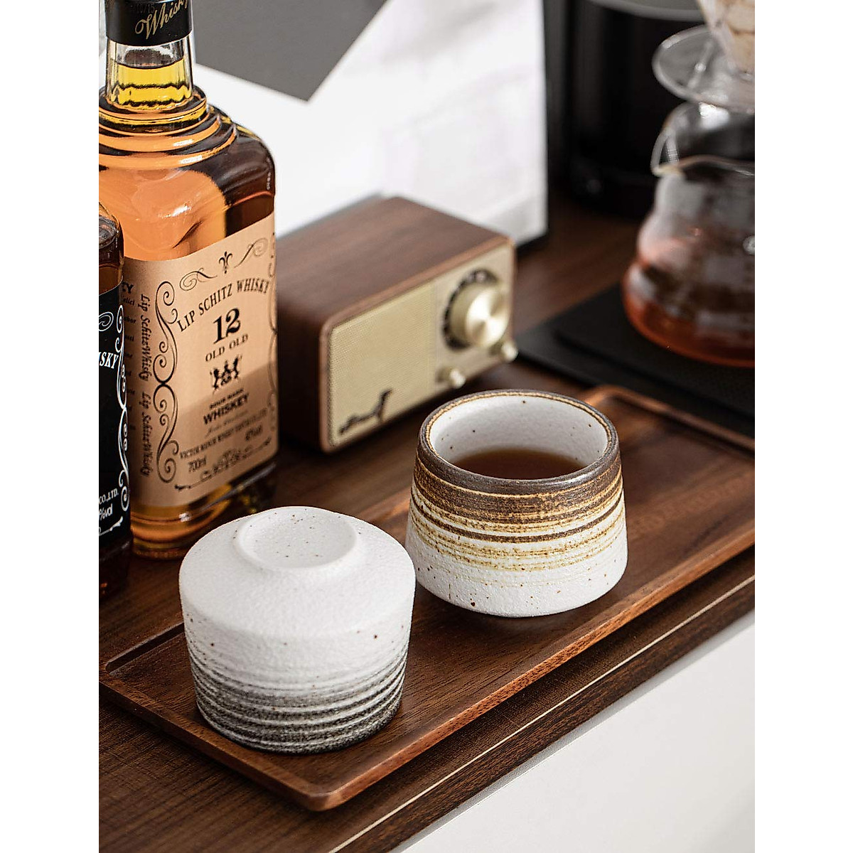 TANG PIN Handcrafted Ceramic Tea Cups Chinese Kung Fu Tea Cup Set of 2, Coffee Mugs for Cappuccino, Ceramic Sake Cups, 6 OZ(Black & White)