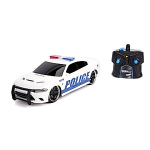 Jada Fast & Furious Chase Twin Pack- Dom's Dodge Charger R/T & Dodge Charger SRT Hellcat, Police & Chase Car Rc, USB Charged, Black and White