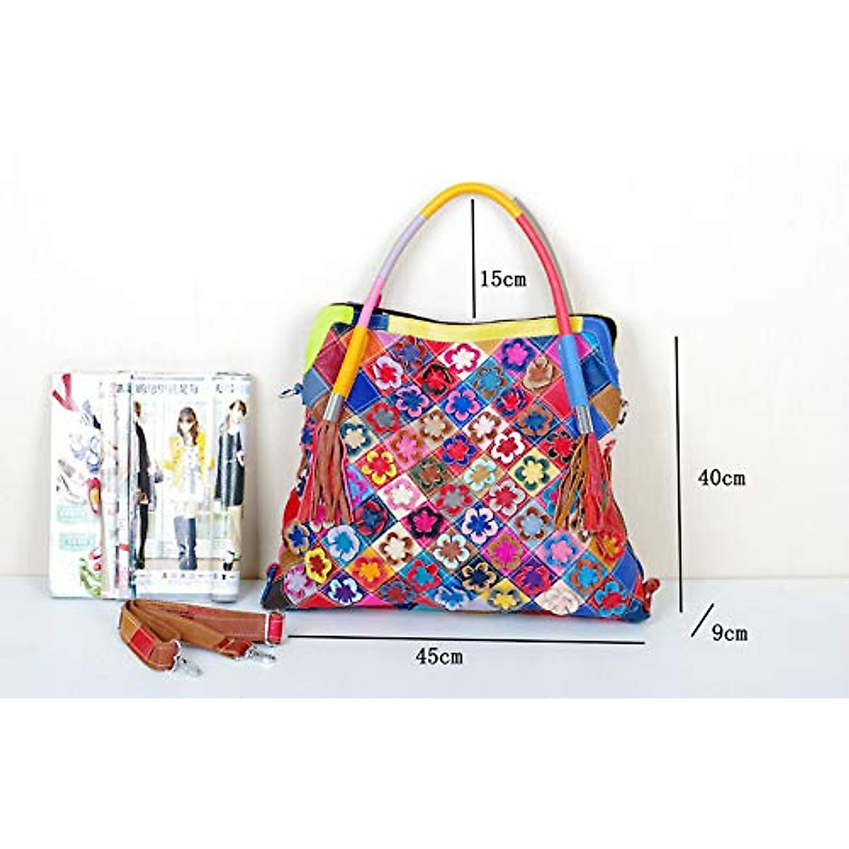 Downupdown Women Handbags Genuine Leather Tote Bag 3D-Flower Shoulder Bag Multicolor Splice Totes Satchel Purse with Tassels