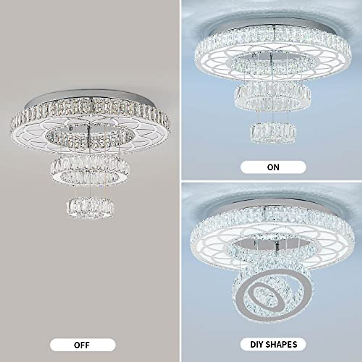 Zswanbei 21" Crystal Ceiling Lamp 3 Ring Large Modern LED Chandelier Acrylic Adjustable Pendant Light Fixtures for Dining Room Living Room Girls Bedroom (Cool White)