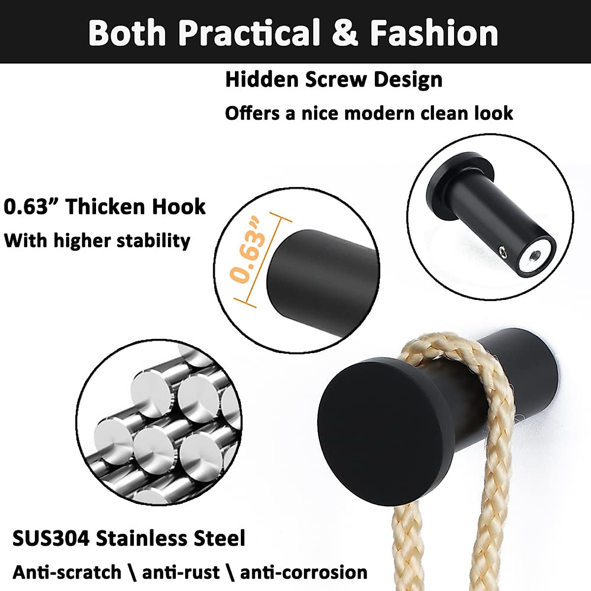 SAYAYO Modern Black Coat Hooks Wall Mounted, Towel Hooks for Bathrooms Robe Hooks, Heavy Duty Wall Hooks for Hanging, SUS 304 Stainless Steel 4 Packs