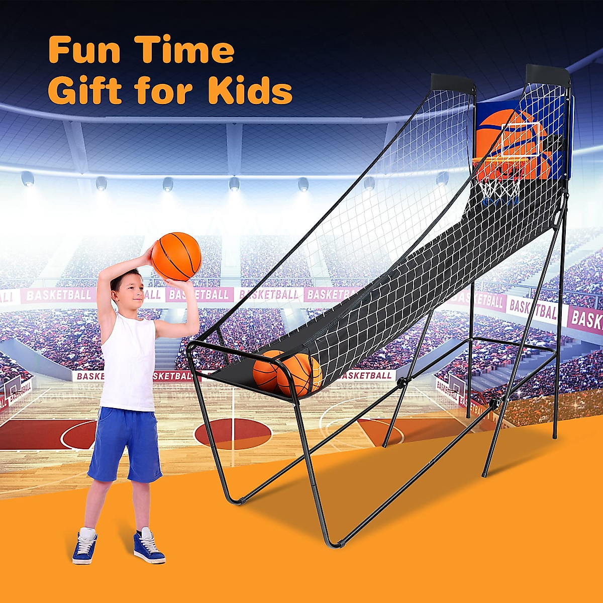 Giantex Foldable Electronic Arcade Basketball Game, with Electronic Scorer, Buzzer, 3 Basketballs, Pump, Indoor Single Shot Basketball Game for Adults, Kids