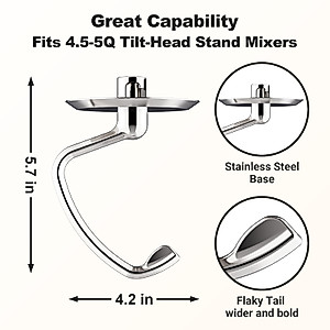 Polished Stainless Steel Dough Hook and 6-Wire Whip Whisk Attachment for Kitchenaid 4.5-5Qt Tilt-Head Stand Mixer, For Kitchenaid Attachments for Stand Mixer by Focollk, Dishwasher Safe