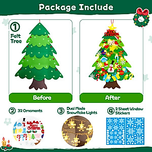 Felt Christmas Tree for Toddlers - 3.3 FT Felt DIY Tree for Kids Wall with Snowflake Lights + 32 Ornaments, Christmas Indoor Home Decorations, Kids Toddler