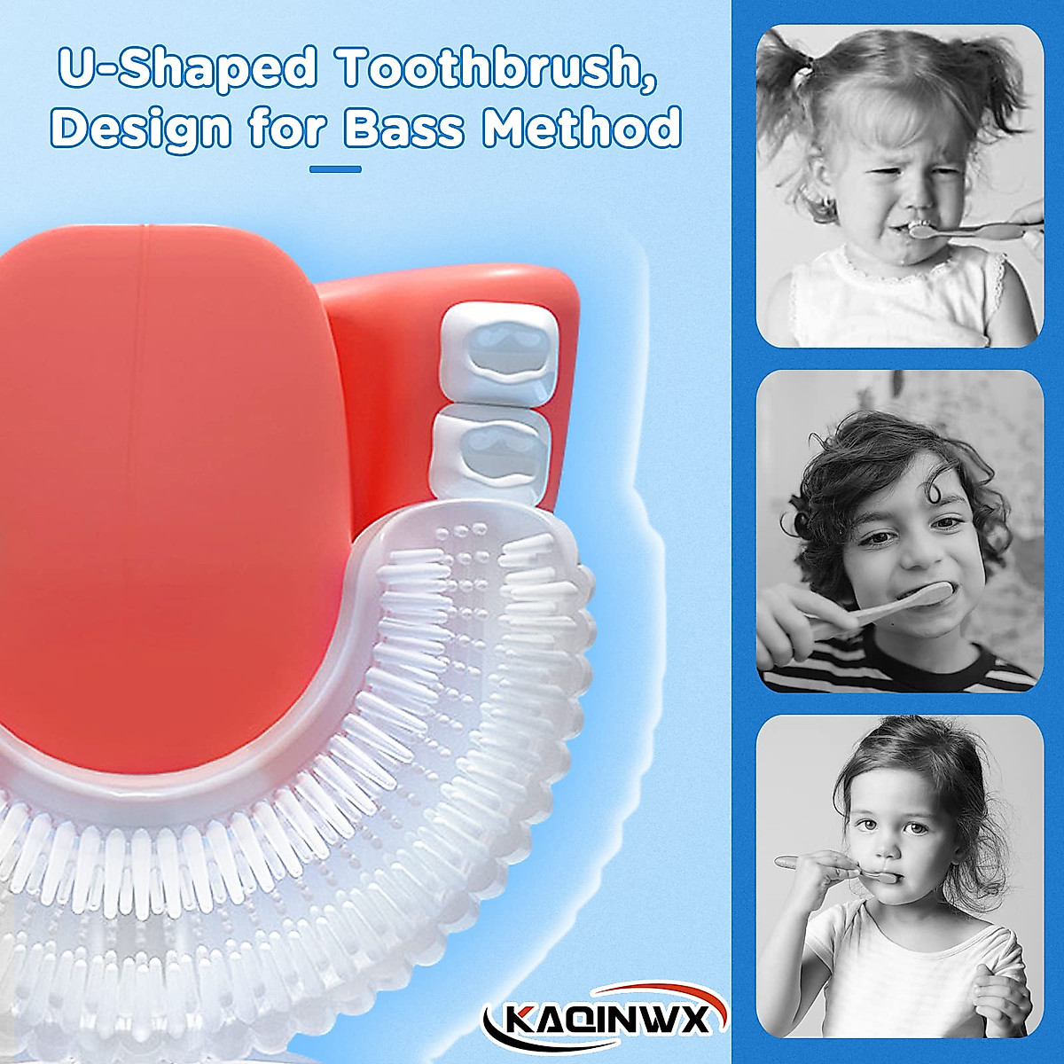 KAQINWX Kids Electric Toothbrushes, U Shaped Ultrasonic Toothbrush, Rechargeable Kids Toothbrush w/Smart Timer, 3 Brush Heads Replacement, 3 Clean Modes, IPX7 Water Resistant for Child 2-12