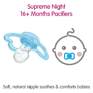MAM Supreme Night Baby Pacifier, for Sensitive Skin, Patented Nipple, 2 Pack, 16+ Months, Unisex,2 Count (Pack of 1)