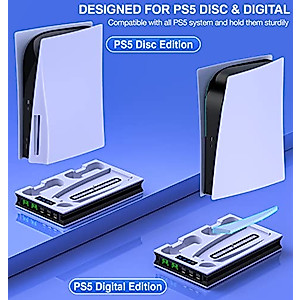 PS5 Stand with 3 Level Cooling Fan, Dual Fast PS5 Controller Charging Station Incl. 4 USB C Dongles, 3 USB Hubs, Headset Holder, Media Slot,PS5 Accessories PS5 Cooling Station for Sony P5 Digital/Disc
