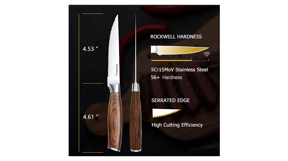 PICKWILL Serrated Steak Knives Set of 4 - Ergonomic & Sharp