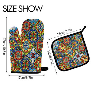 Oven Gloves Pot Holders Mexican Talavera Ceramic Tile Pattern Kitchen Soft Oven Insulation Mitts Heat Resistance Potholder Sets Safe Baking Cooking Microwave