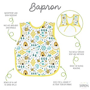 BapronBaby Busy Bees Bapron - No Neck Tie Safer Bib for Baby & Toddler - Soft Waterproof Stain Resistant - Machine Washable - Sz Baby/Toddler 6m-3T